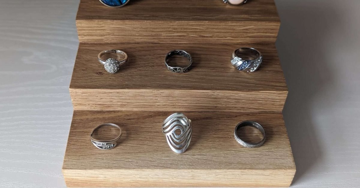 3 Tier Ring Display, Crystal Display Stand – Solid Oak – Wood 'N' Pegs